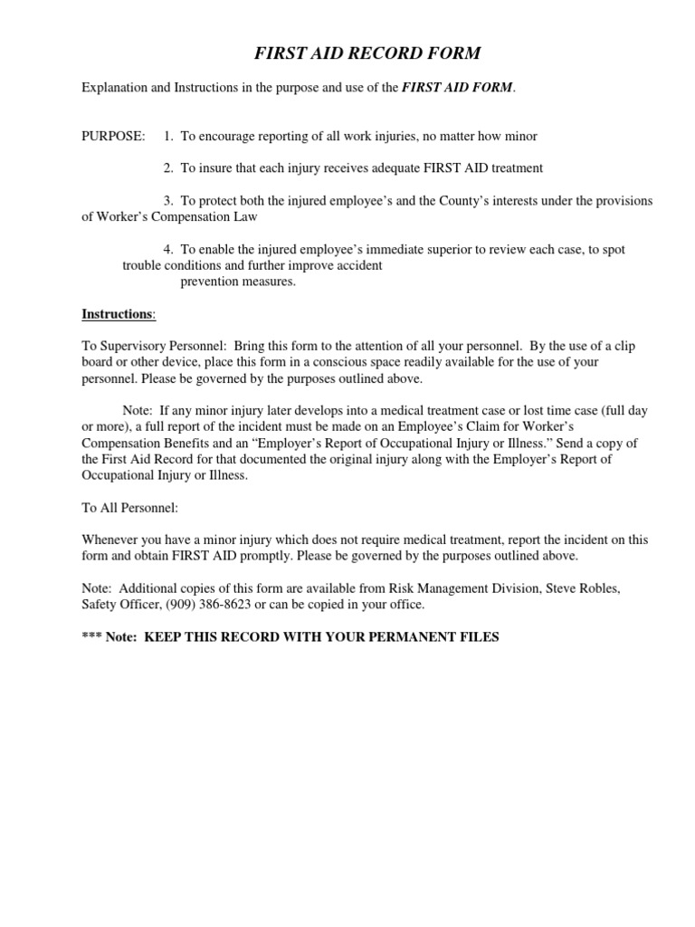 First Aid Record Form: Instructions | PDF