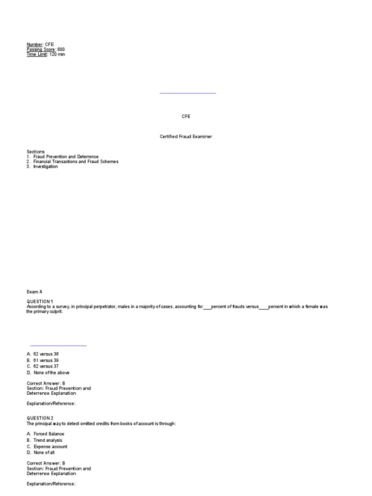Number: CFE Passing Score: 800 Time Limit: 120 Min | PDF | Debits And ...
