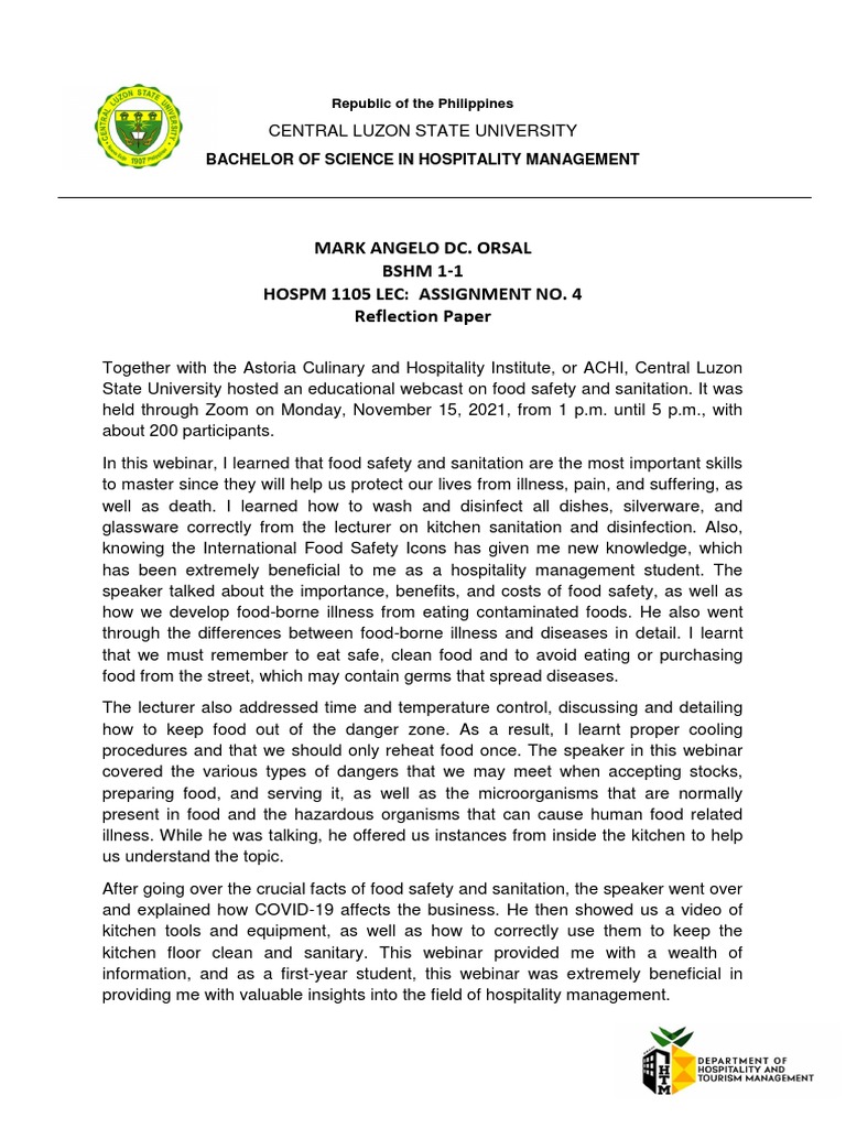 CCHTM Lec Reflection Paper | PDF | Foods | Food Safety