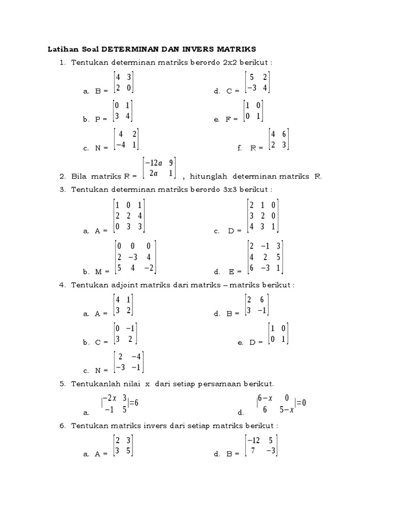Latihan Soal DETERMINAN DAN INVERS MATRIKS | PDF