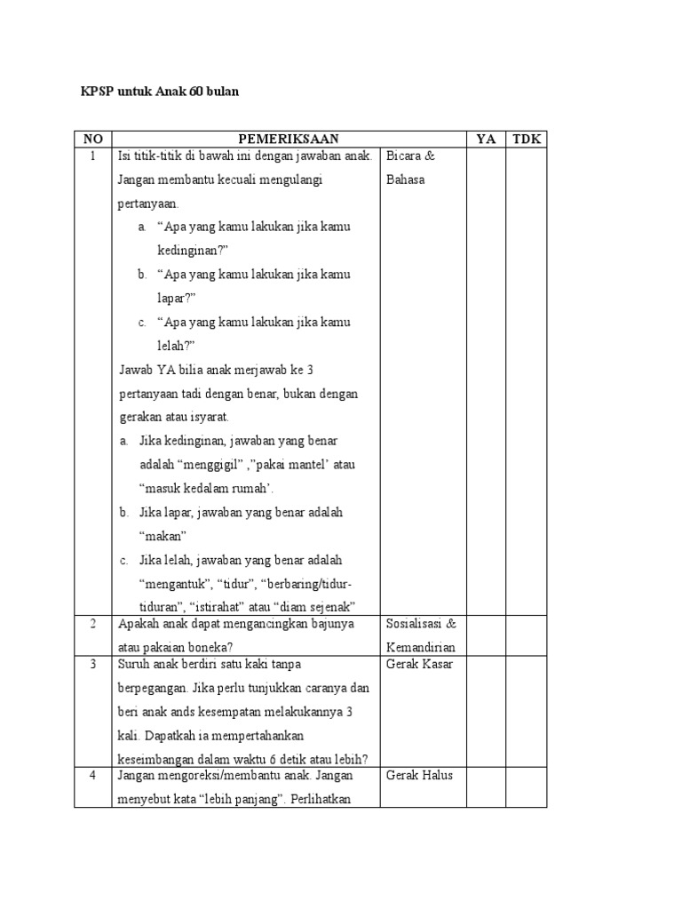 KPSP Untuk Anak 60 Bulan | PDF