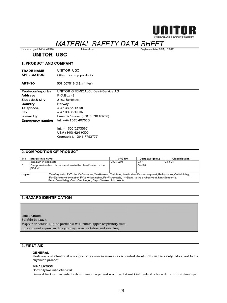Material Safety Data Sheet: Unitor Usc | PDF | Firefighting | Personal ...