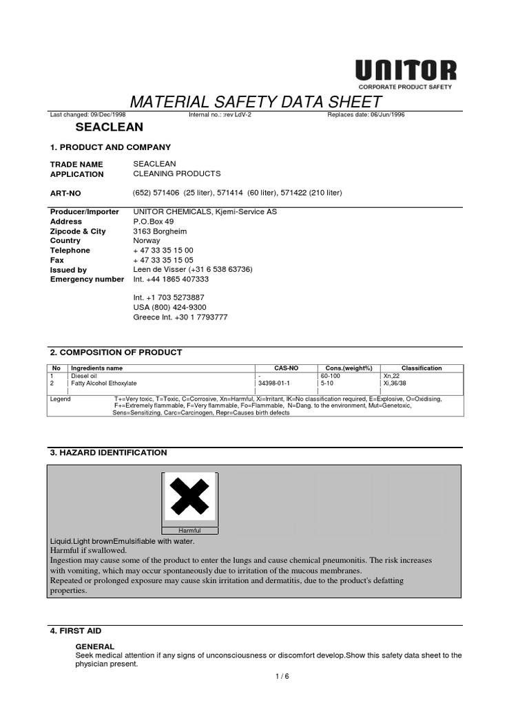Material Safety Data Sheet: Seaclean | PDF | Firefighting | Personal ...