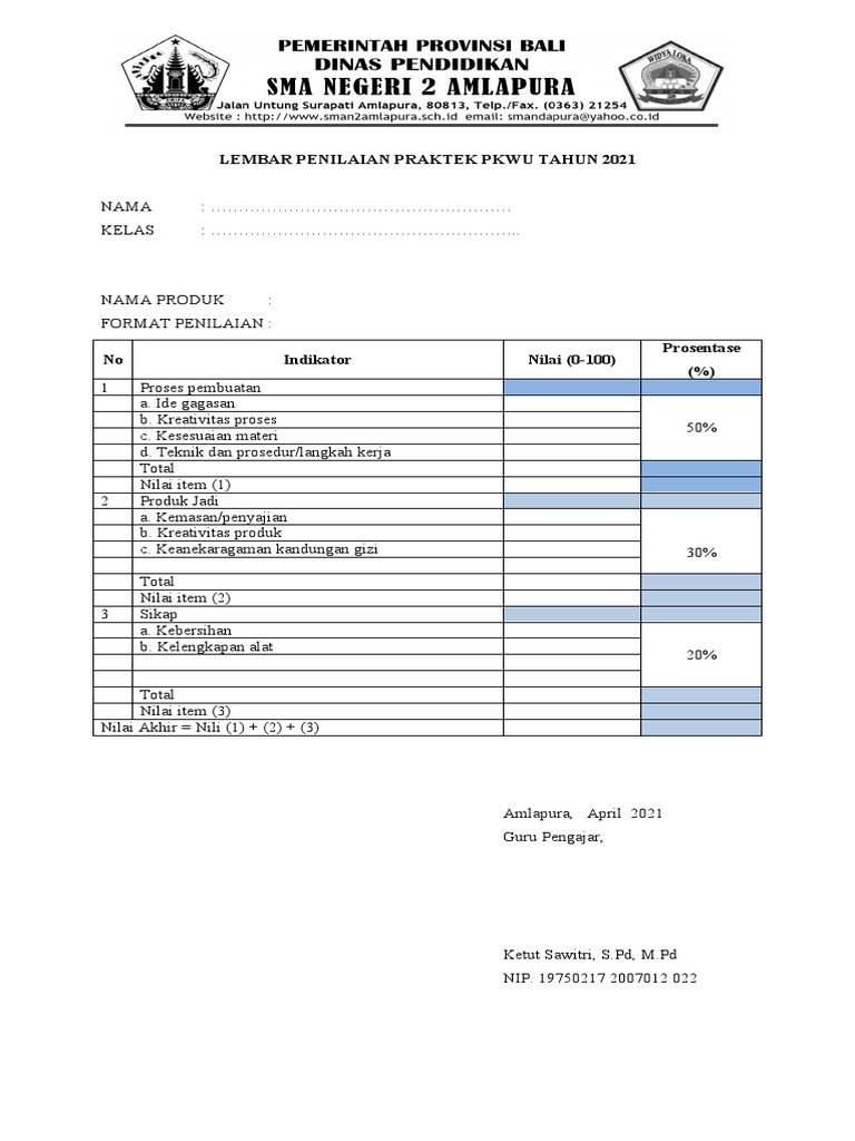 Lembar Penilaian Praktek Kwu Tahun 2019 | PDF | Seni