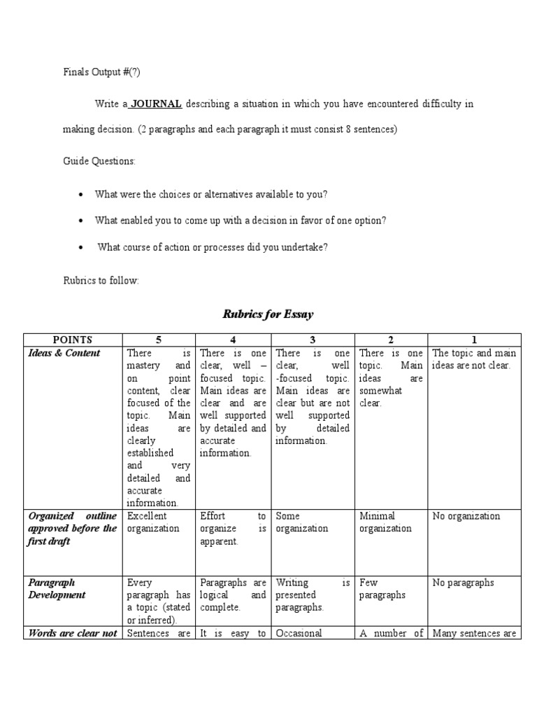 Rubrics For Essay: Points 5 4 3 2 1 | PDF | Paragraph | Vocabulary