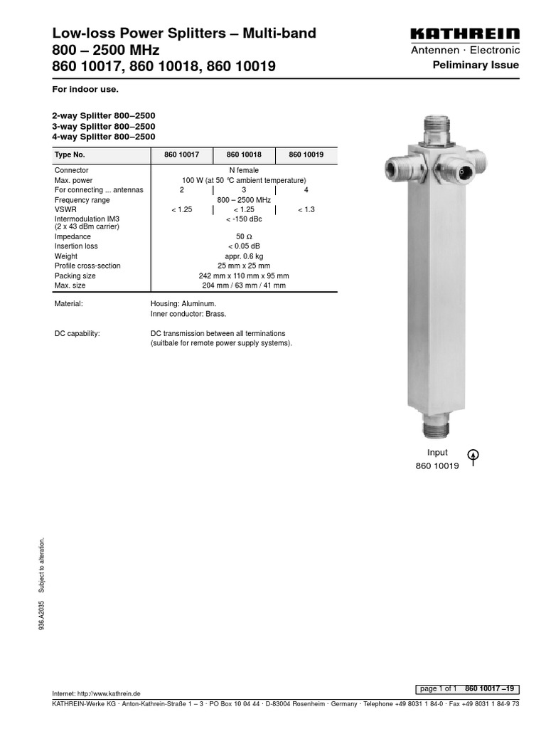 Low-Loss Power Splitters - Multi-Band 800 - 2500 MHZ 860 10017, 860 ...
