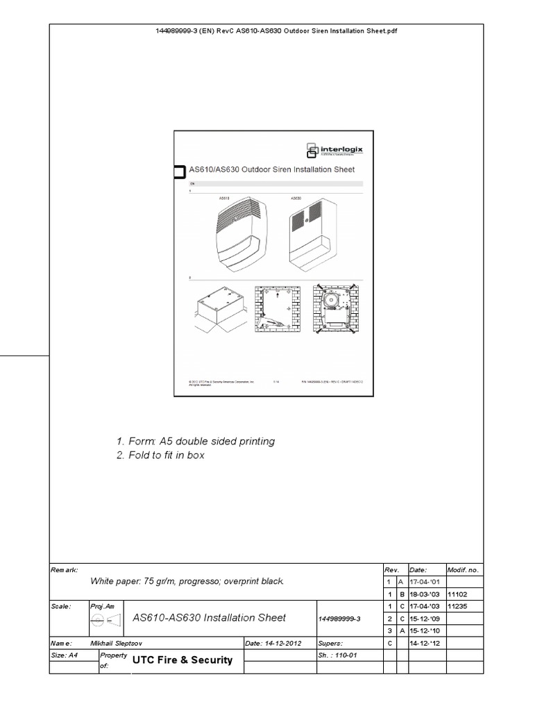 Form: A5 Double Sided Printing 2. Fold To Fit in Box: UTC Fire & Security | PDF | Electrical ...