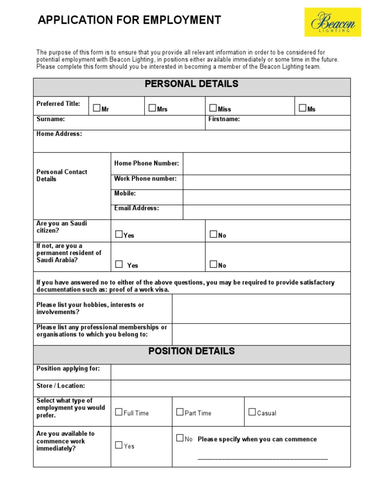 Application For Employment: Personal Details | PDF | Employment ...