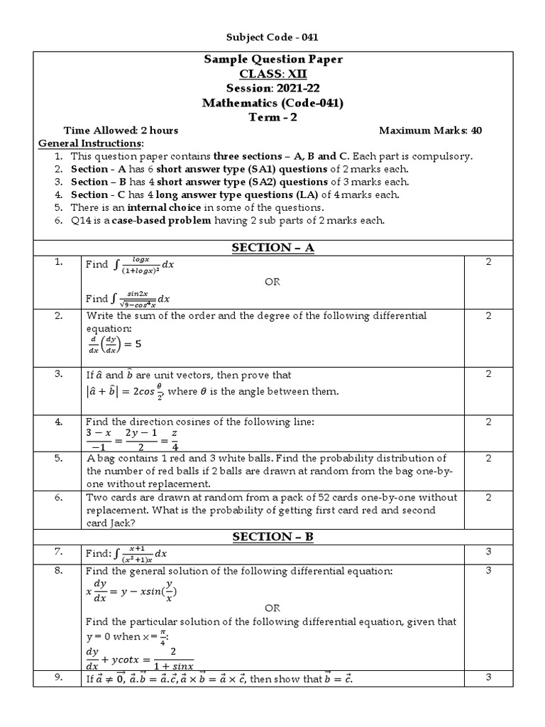 Sample Question Paper Class: Xii Session: 2021-22 Mathematics (Code-041) Term - 2 | PDF | Plane ...