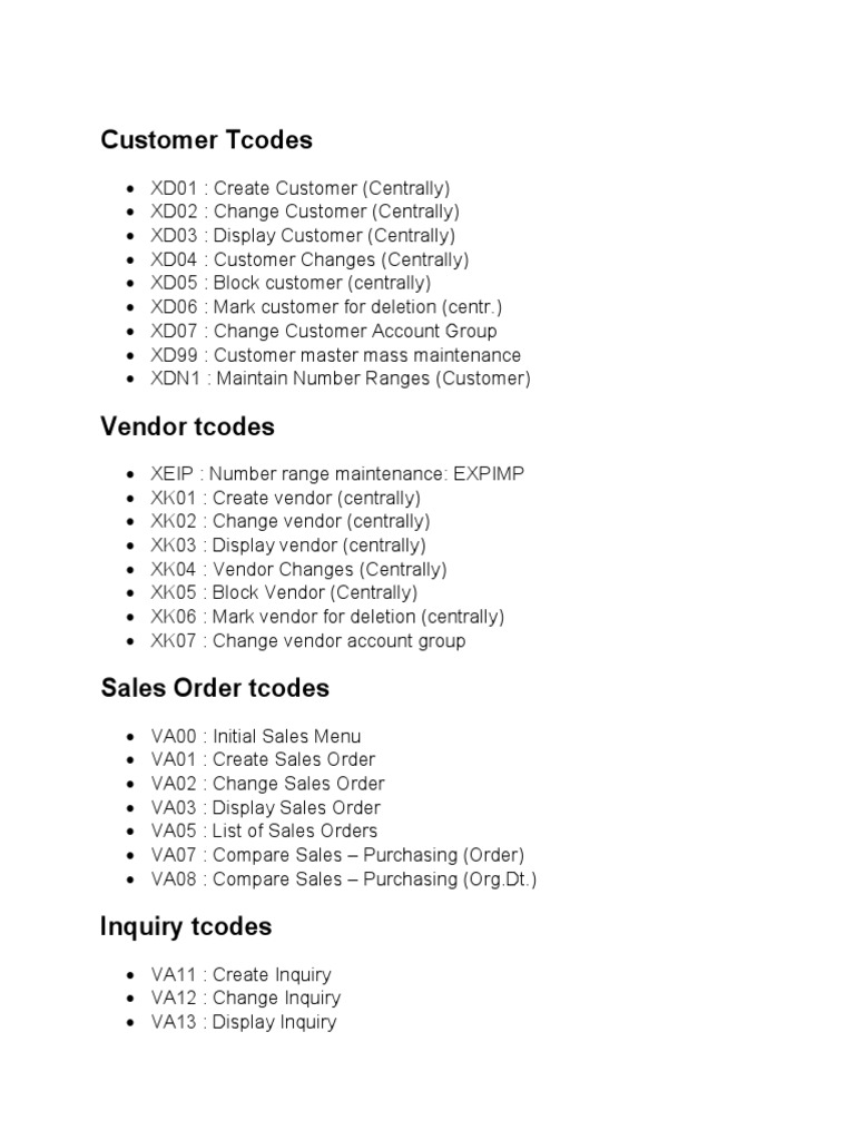 Sap SD Tcodes | PDF | Logistics | Data Management