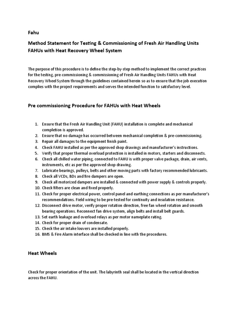 Fahu Method Statement For Testing & Commissioning of Fresh Air Handling ...