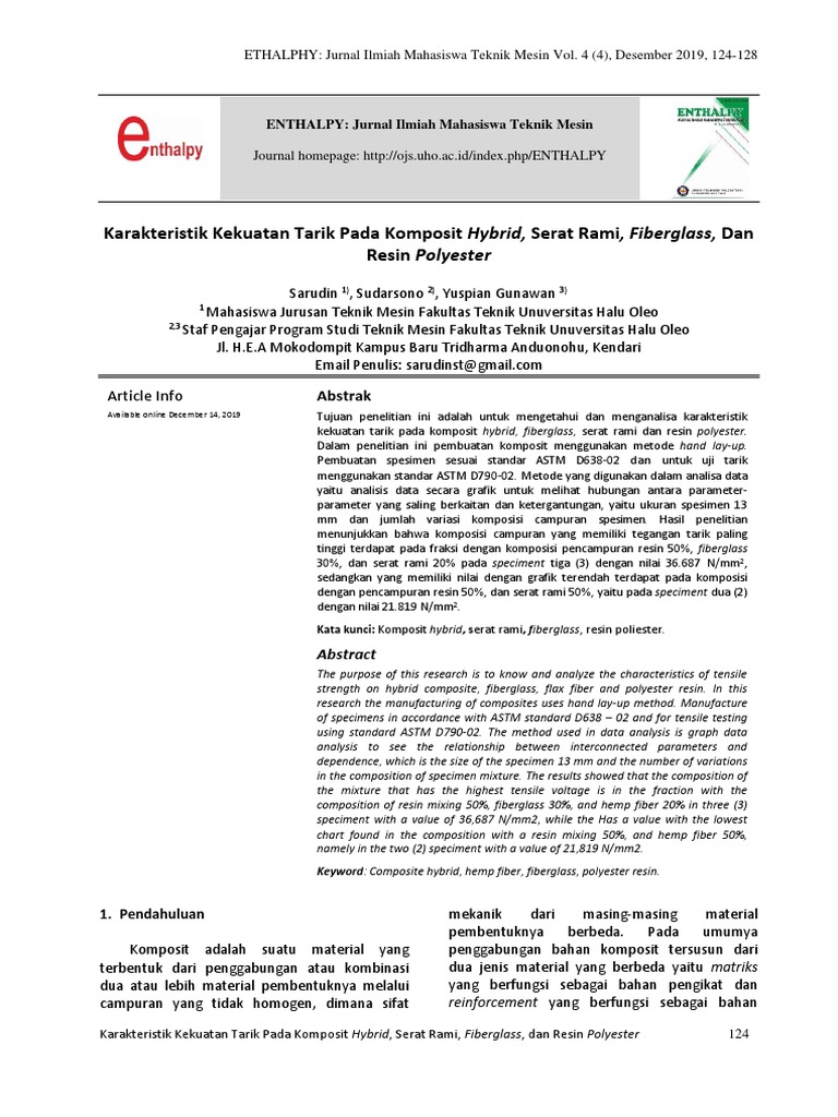 Karakteristik Kekuatan Tarik Pada Komposit Hybrid, Serat Rami, Fiberglass, Dan Resin Polyester | PDF