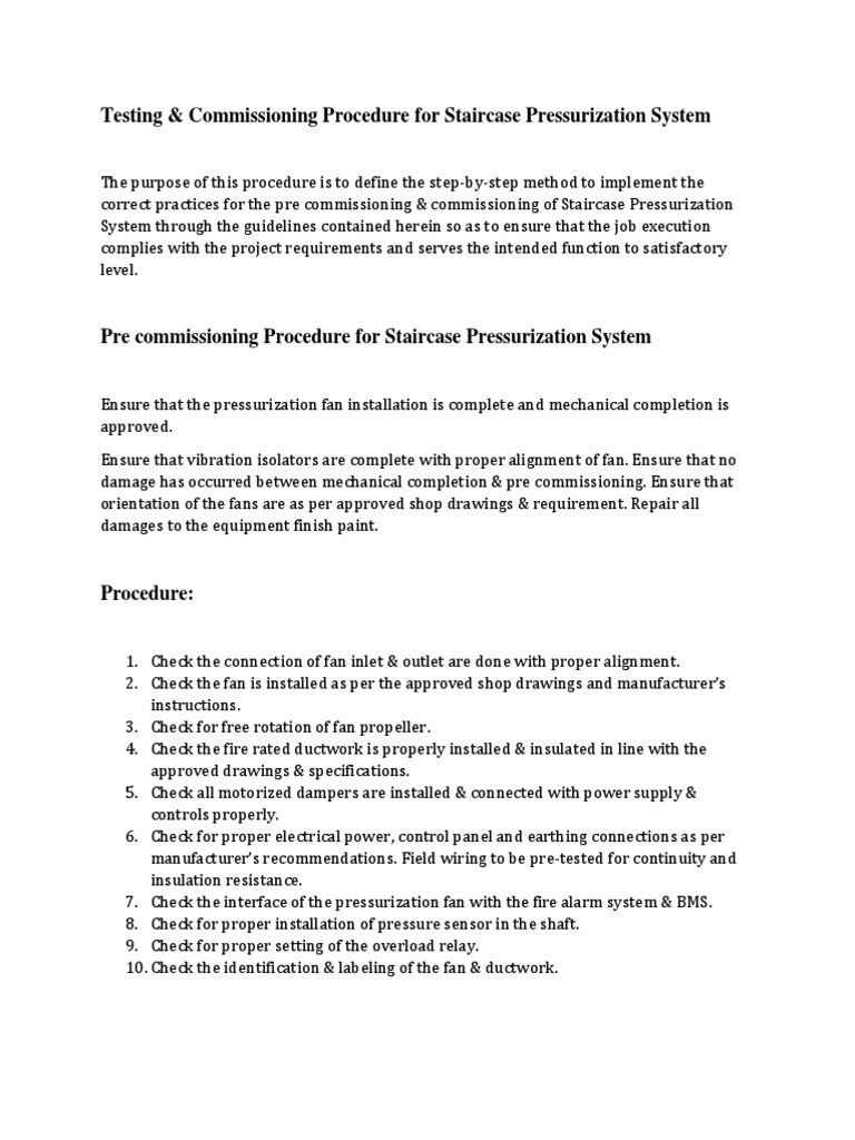 Testing And Commissioning Procedure For Staircase Pressurization System