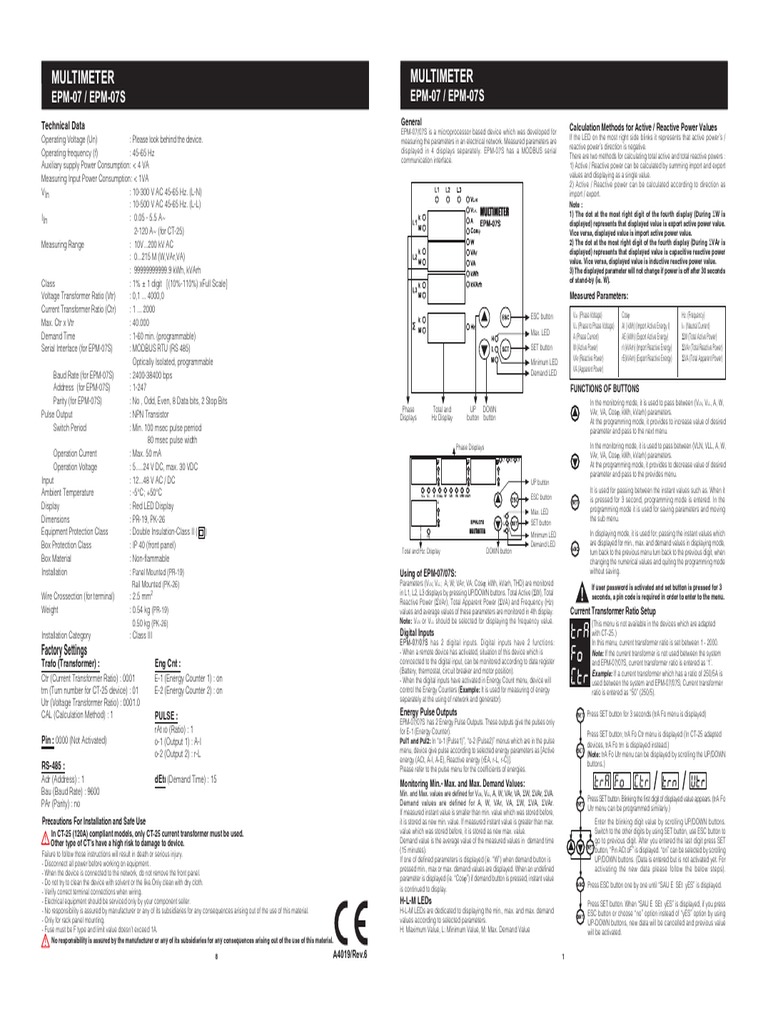 EPM-07/07S Multimeter Overview | PDF | Ac Power | Transformer