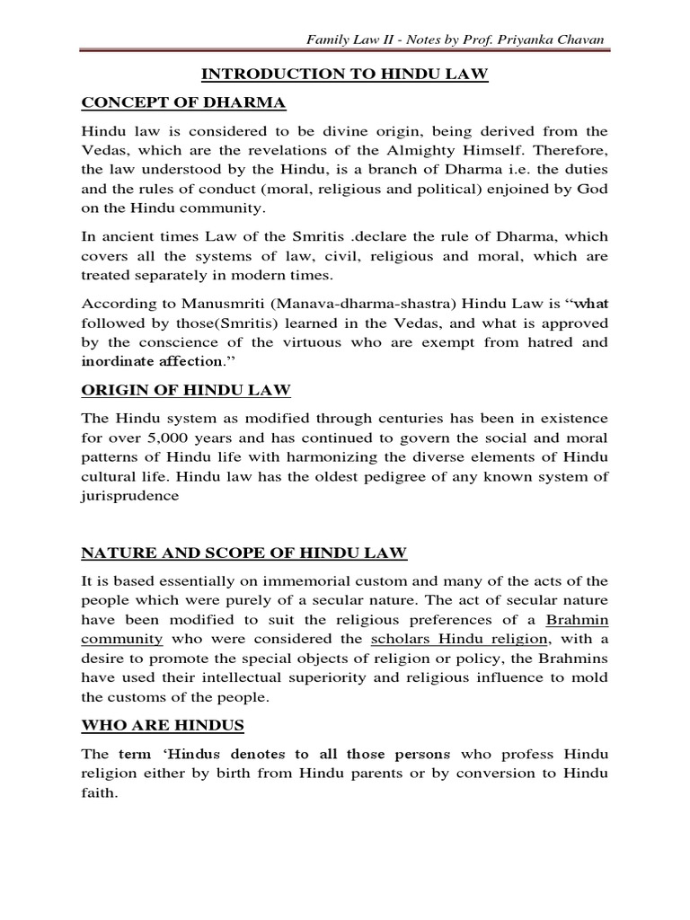 Introduction To Hindu Law Concept of Dharma: Family Law II - Notes by ...
