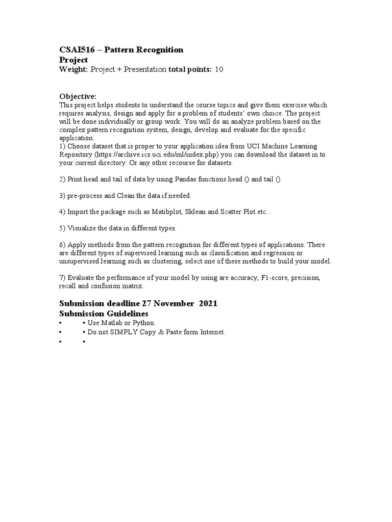 CSAI516 - Pattern Recognition Project: Weight: Project + Presentation ...
