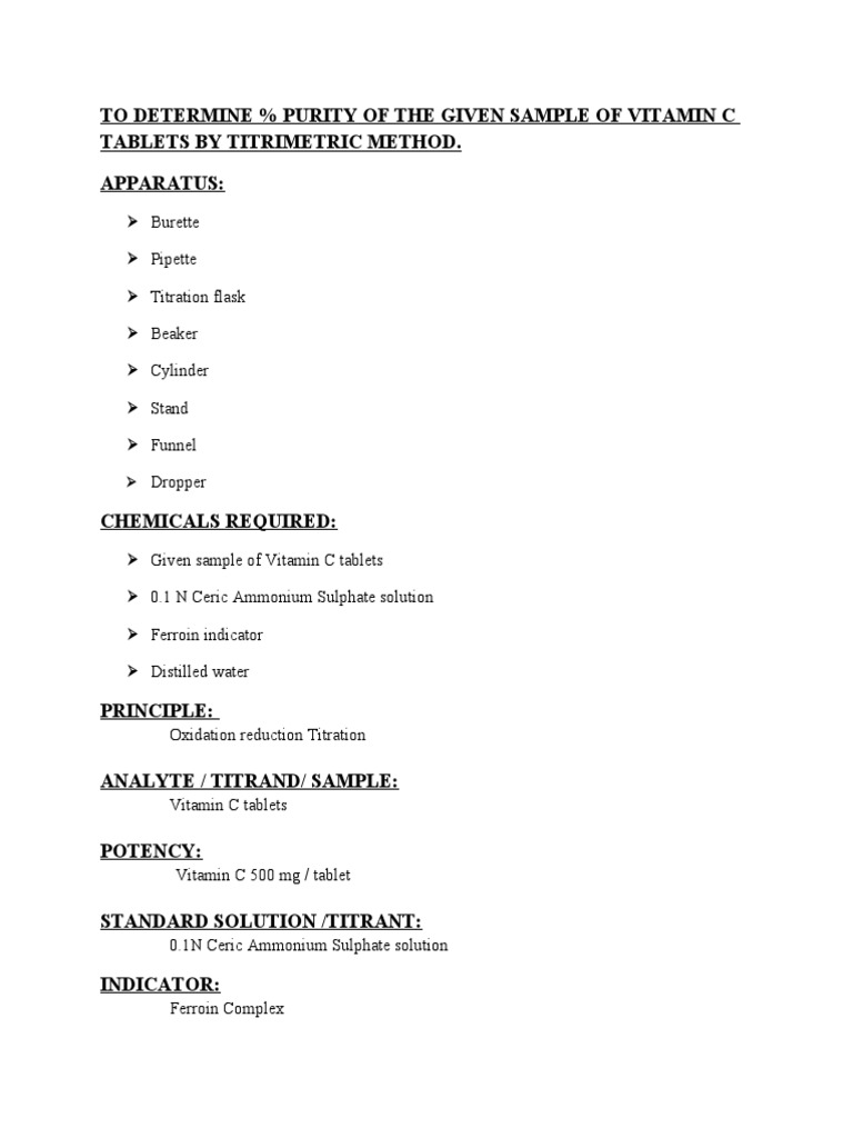 To Determine % Purity of The Given Sample of Vitamin C Tablets by ...