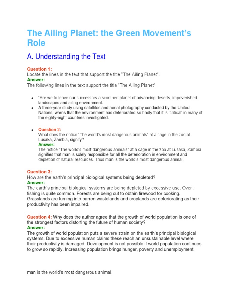 The Ailing Planet: The Green Movement's Role: A. Understanding The Text ...