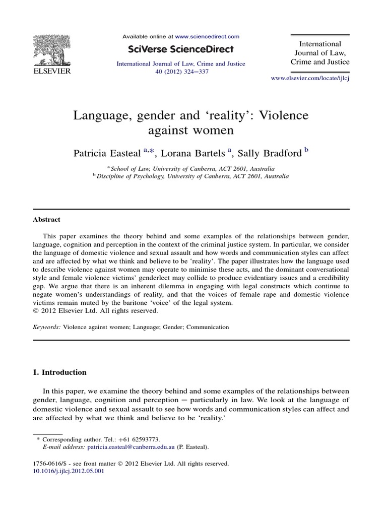 Language, Gender and Reality': Violence Against Women: Patricia Easteal ...
