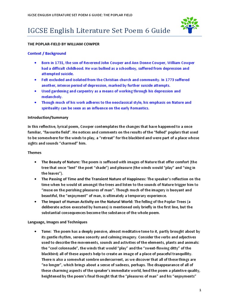 Analysis of Cowper's "The Poplar Field" | PDF | Poetry | Metre (Poetry)