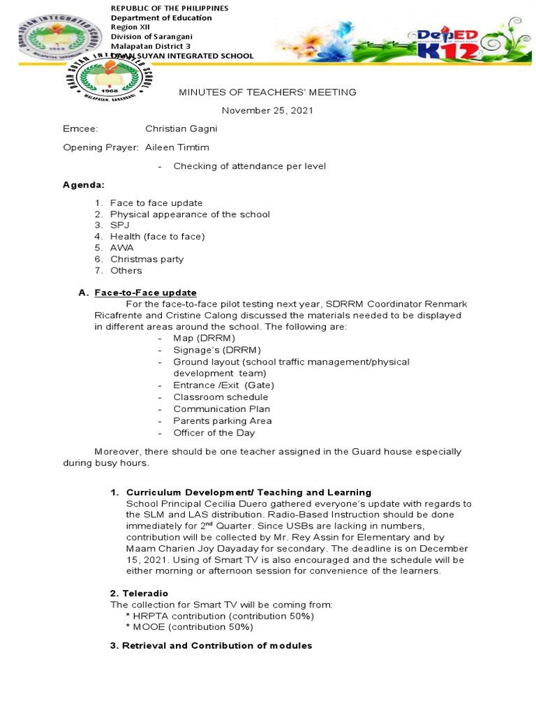 Teachers' Meeting Minutes - Nov 2021 | PDF | Teachers | Behavior ...