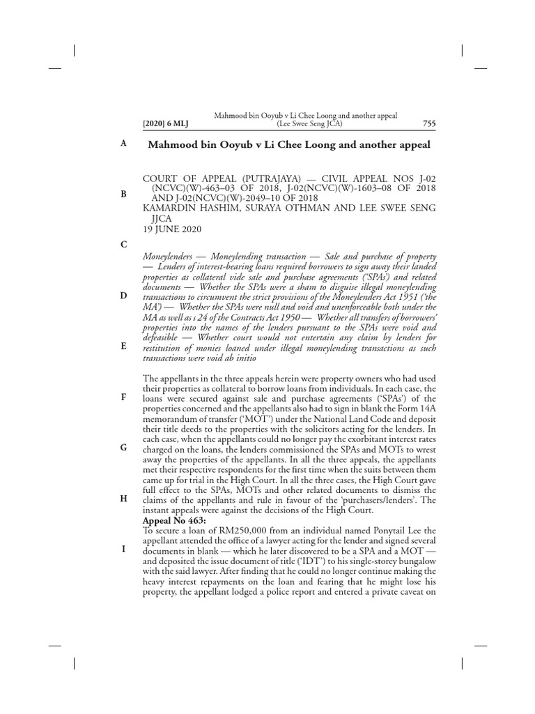 Mahmood Bin Ooyub V Li Chee Loong and Another Appeal | PDF | Loans ...