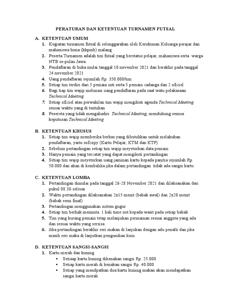 Peraturan Dan Ketentuan Turnamen Futsal | PDF