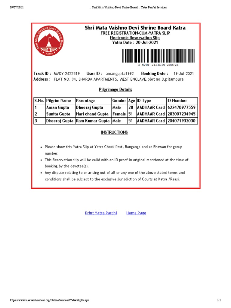 Shri Mata Vaishno Devi Shrine Board - Yatra Parchi Services | PDF