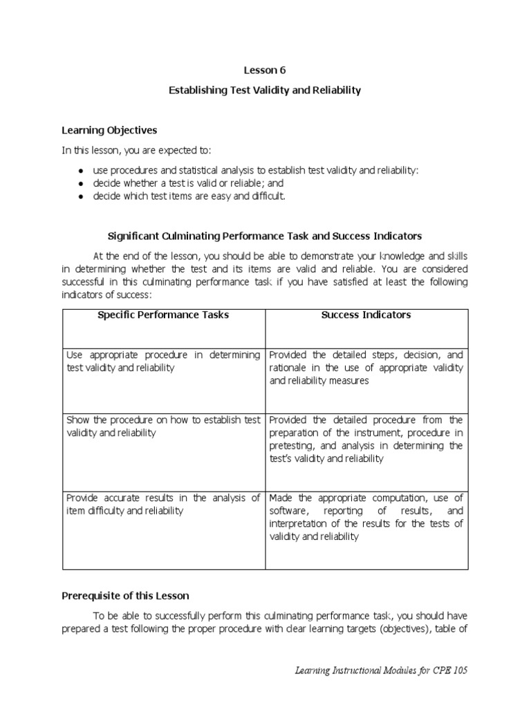 Lesson 6 Establishing Test Validity and Reliability: Learning ...