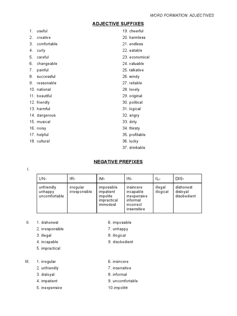 Word Formation - Adjectives (Answer Keys) | PDF | Linguistics ...