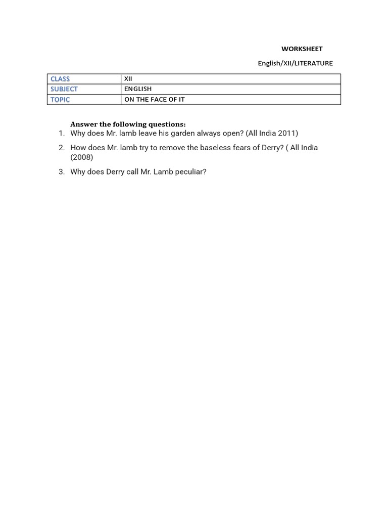Class Subject Topic: Worksheet | PDF