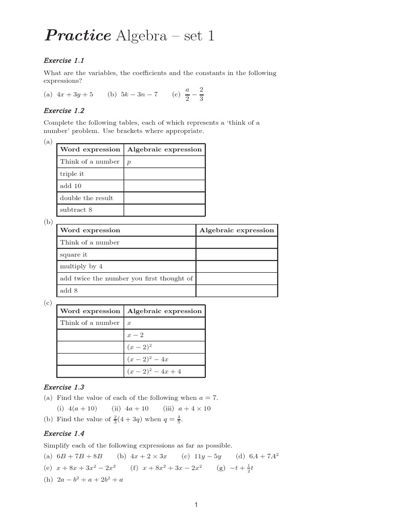 Practice Algebra-Set-1 | PDF | Algebra | Variable (Mathematics)