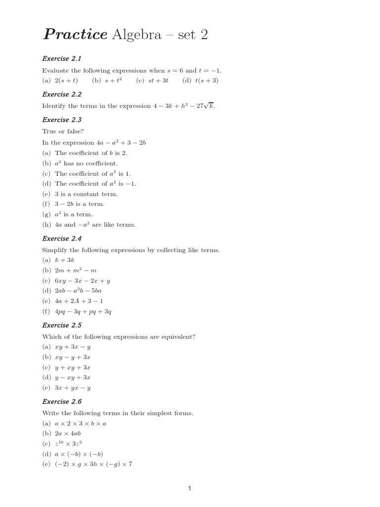 Practice Algebra - Set 2: Exercise 2.1 | PDF | Equations | Mathematical ...