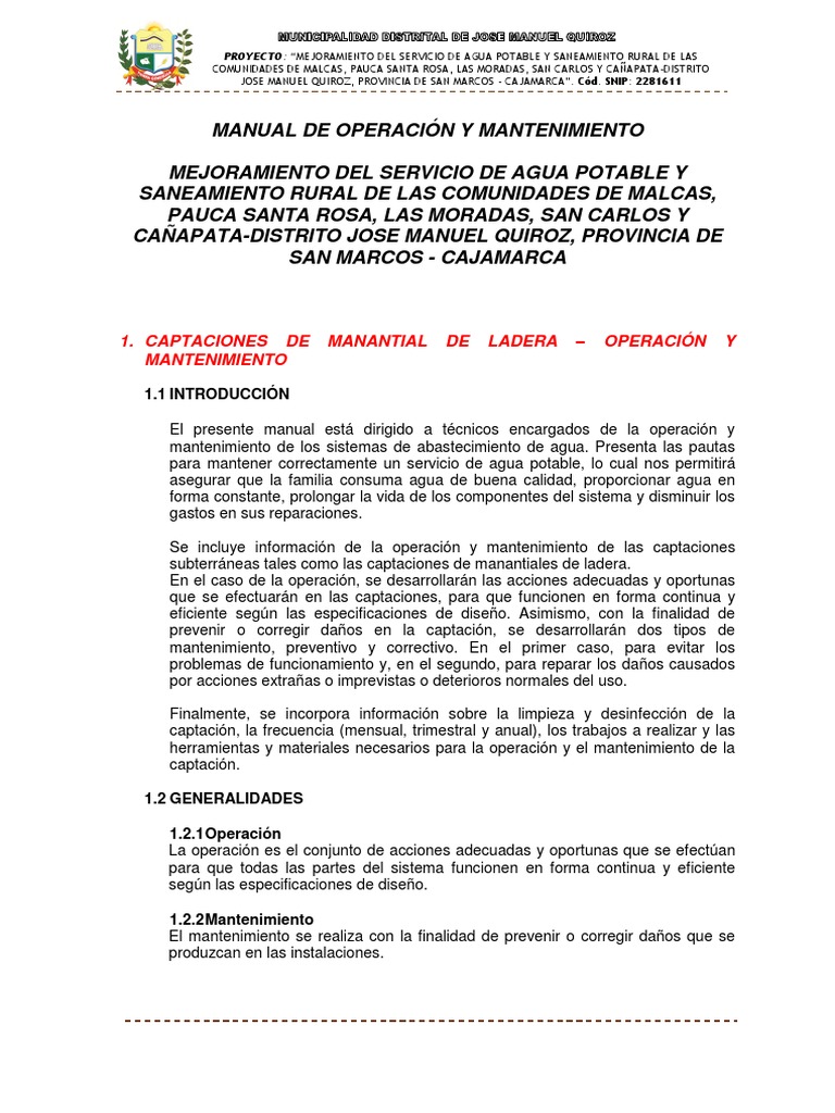 Manual de O&M SAP y Saneamiento | Descargar gratis PDF | Agua | Agua potable