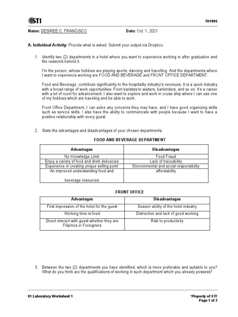 01 - Laboratory - Worksheet - 1 (1) Hosp1008 | PDF | Foods
