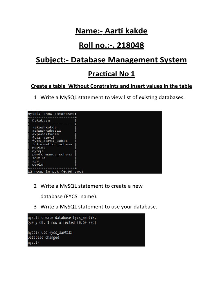 Aarti Kakde Dbms - Final - Journal | PDF | Table (Database) | Databases Aarti Kakde Dbms - Final - Journal | PDF | Table (Database) | Databases