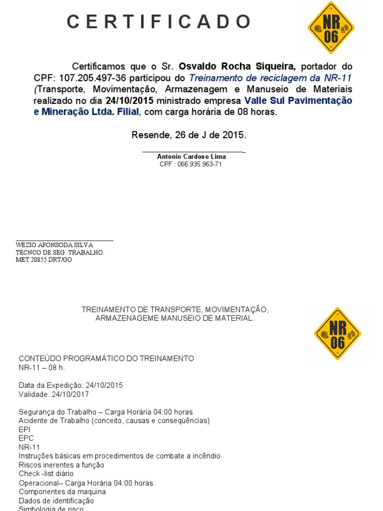 Certificado NR 11 Word | PDF
