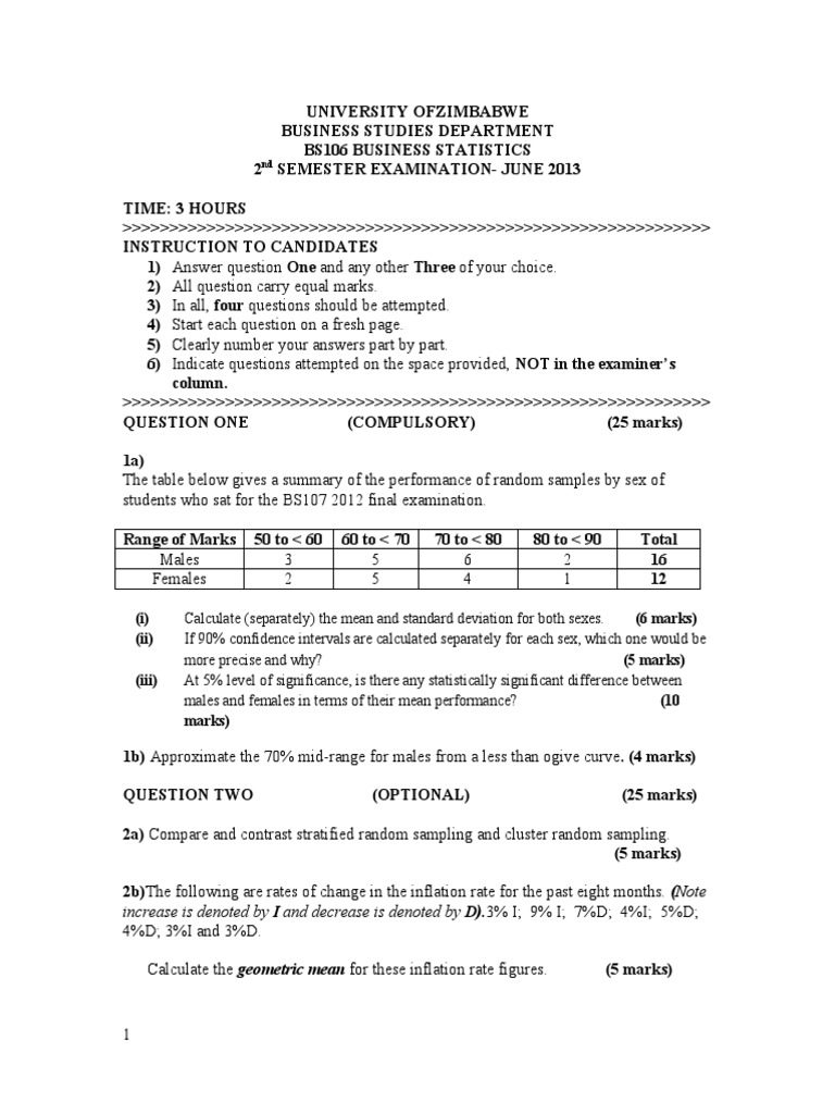 2013b Stats Final Exma Bs106 | PDF | Mean | Confidence Interval