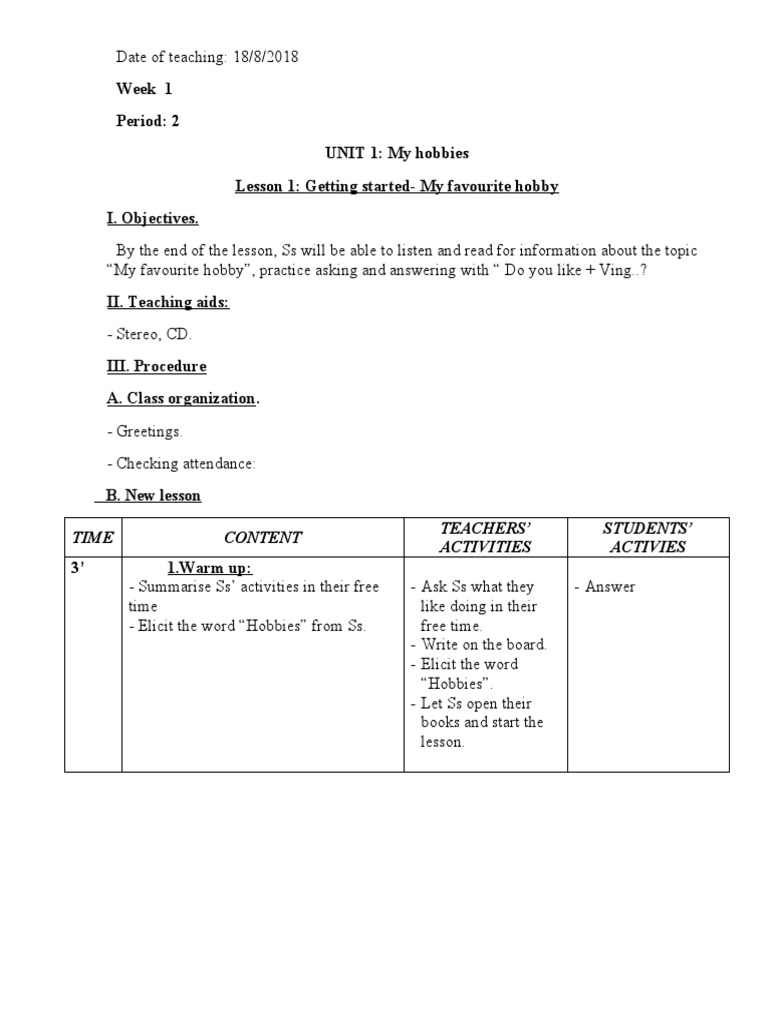 Unit 01 My Hobbies Lesson 1 Getting Started | PDF | Hobbies | Teachers