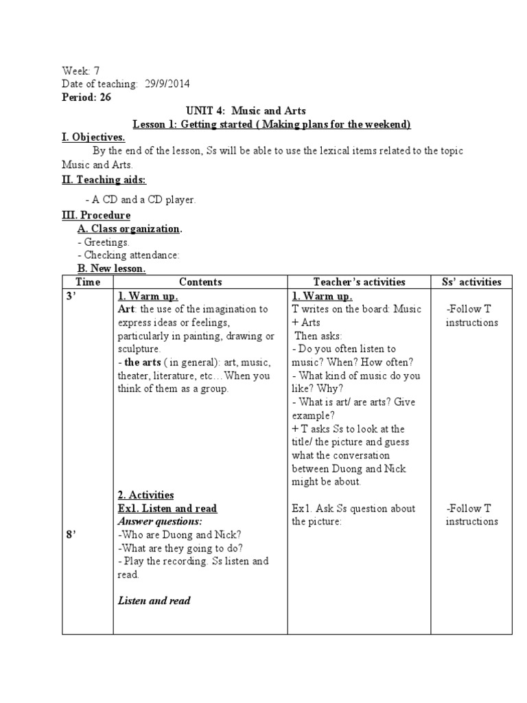 Unit 04 Music and Arts Lesson 1 Getting Started | PDF | Teachers ...