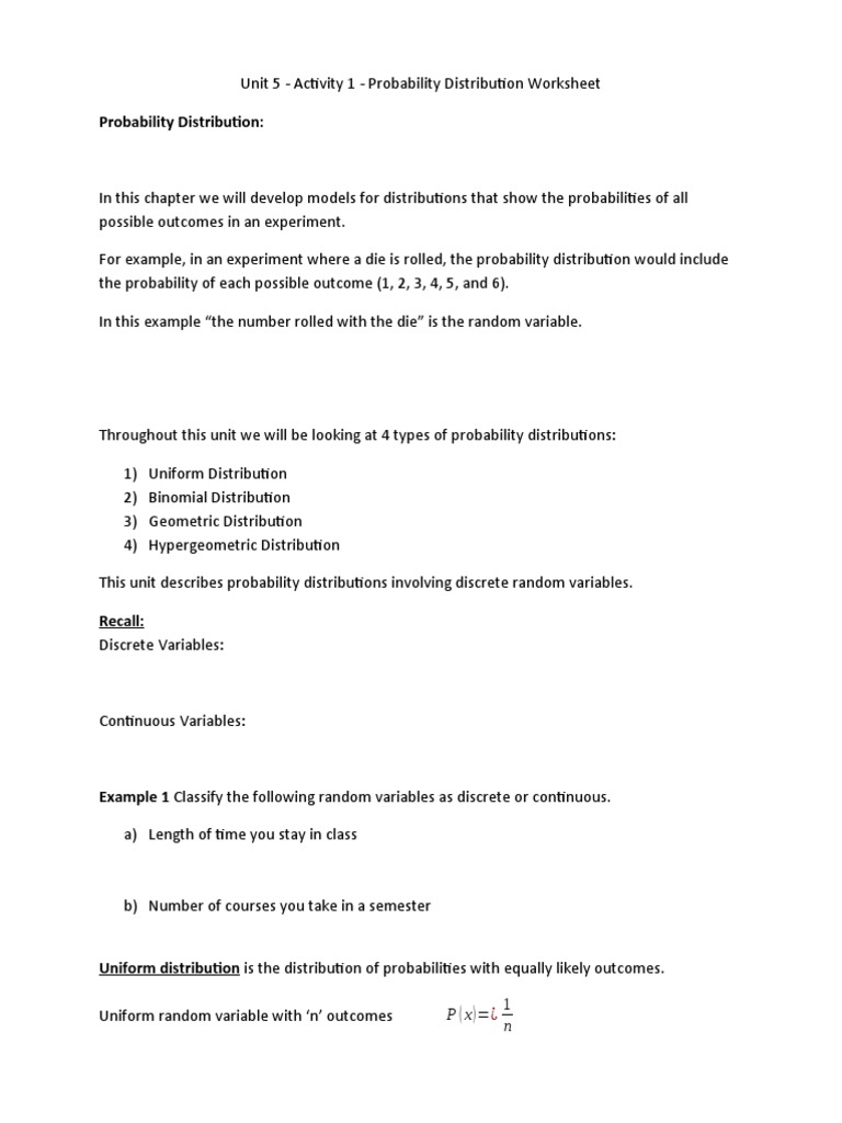 Unit 5 - Activity 1 - Probability Distribution Worksheet | PDF ...