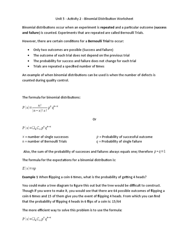 Unit 5 - Activity 2 - Binomial Distribution Worksheet | PDF