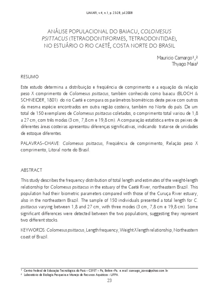 Ecologia Trófica e Análise de Crescimento Do Baiacu Colomesus Psittacus ...