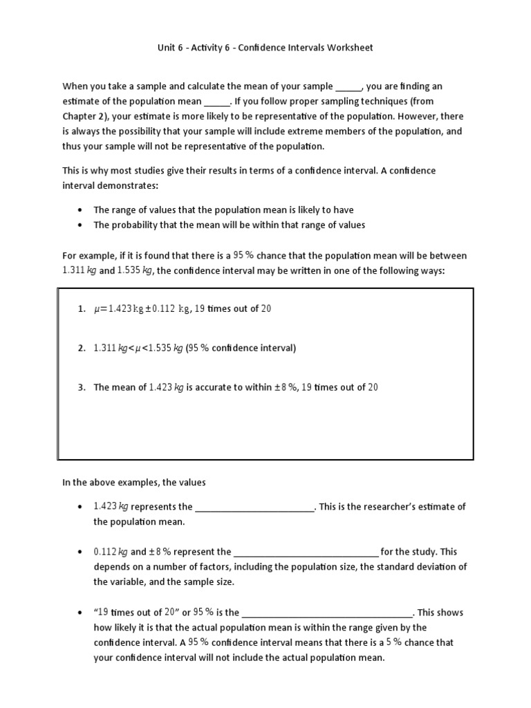Unit 6 - Activity 6 - Confidence Intervals Worksheet | PDF | Confidence ...