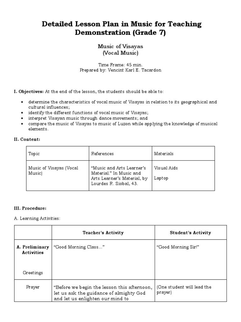Grade 7 Music Lesson Plan: Visayan Vocal Music | PDF | Songs | Lesson Plan