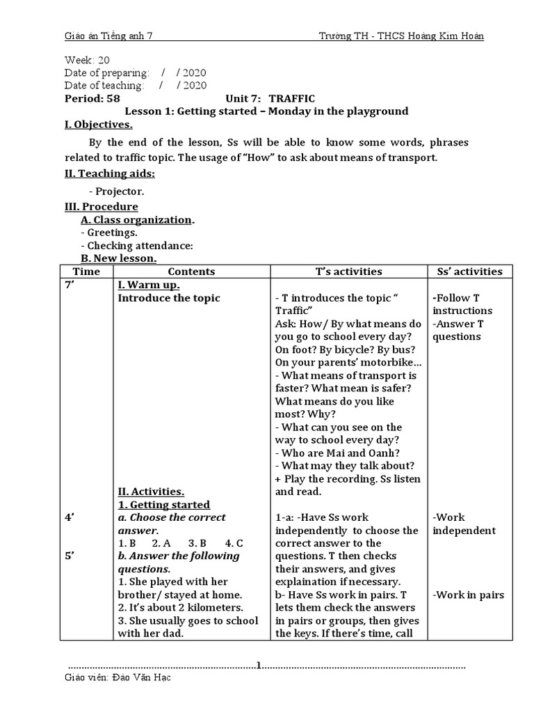 Giáo án Tiếng Anh 7: Unit 7 Traffic | PDF | Linguistics | Human ...
