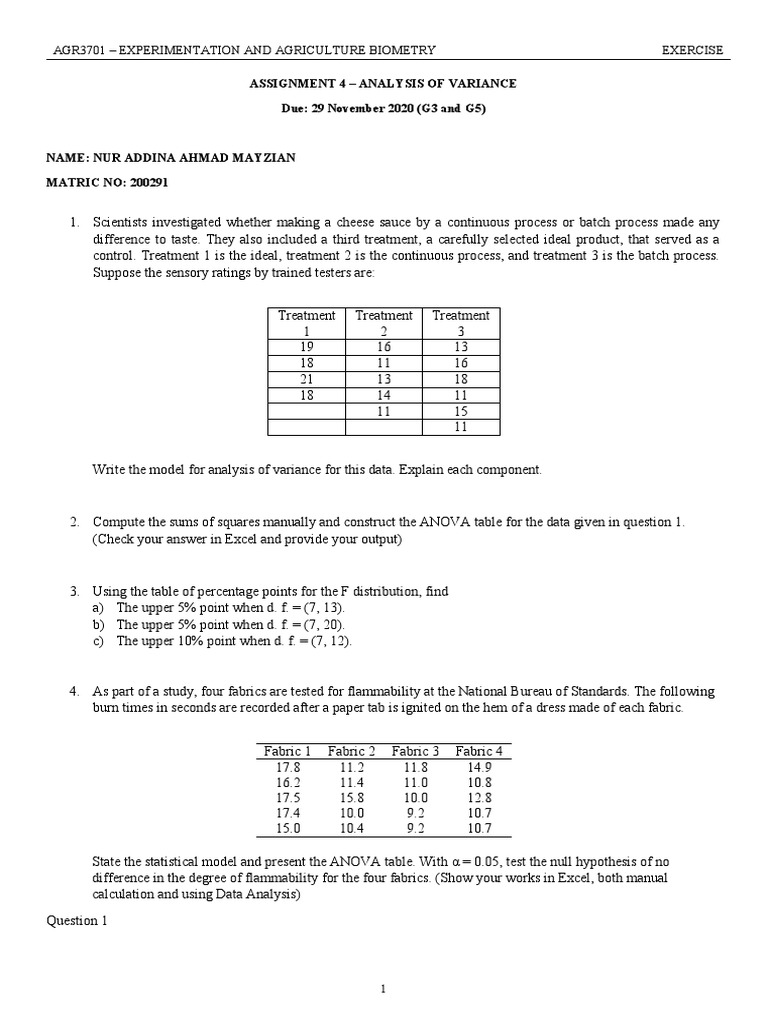 Agr3701 - Exercise 4 - Anova | PDF | Analysis Of Variance | Biostatistics