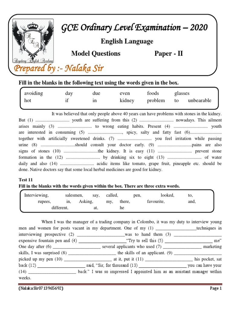 GCE Ordinary Level Examination - 2020: English Language Model Questions ...