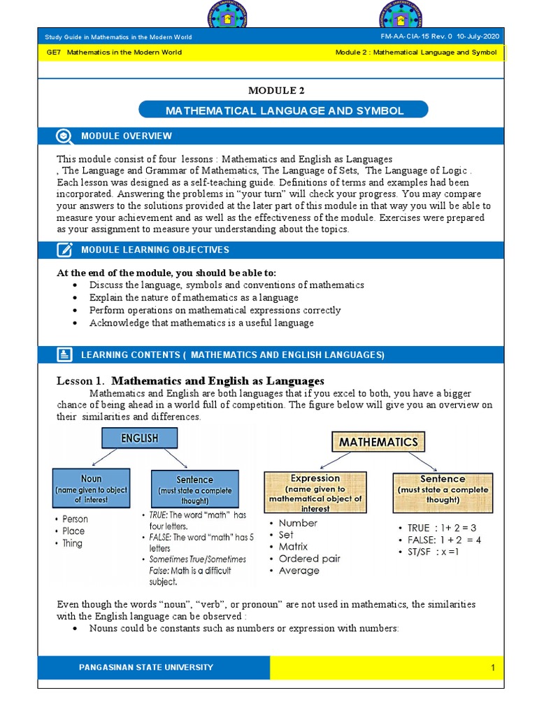Mathematical Language and Symbol: Lesson 1. Mathematics and English As ...