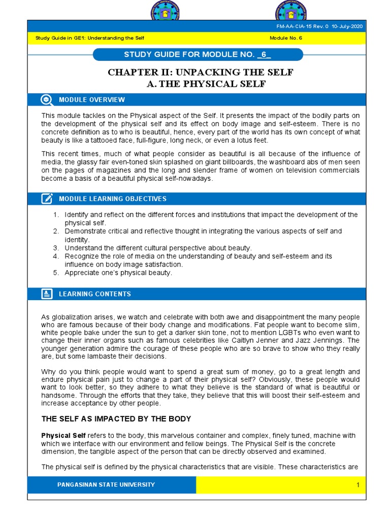 Chapter Ii: Unpacking The Self A. The Physical Self: Study Guide For Module No. - 6 | Download ...